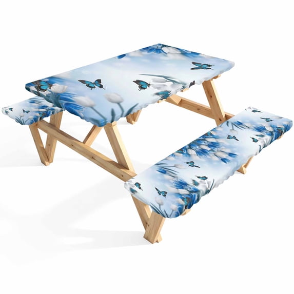 Blue Flowers Picnic Table Cover with Bench Covers White Flowers ...