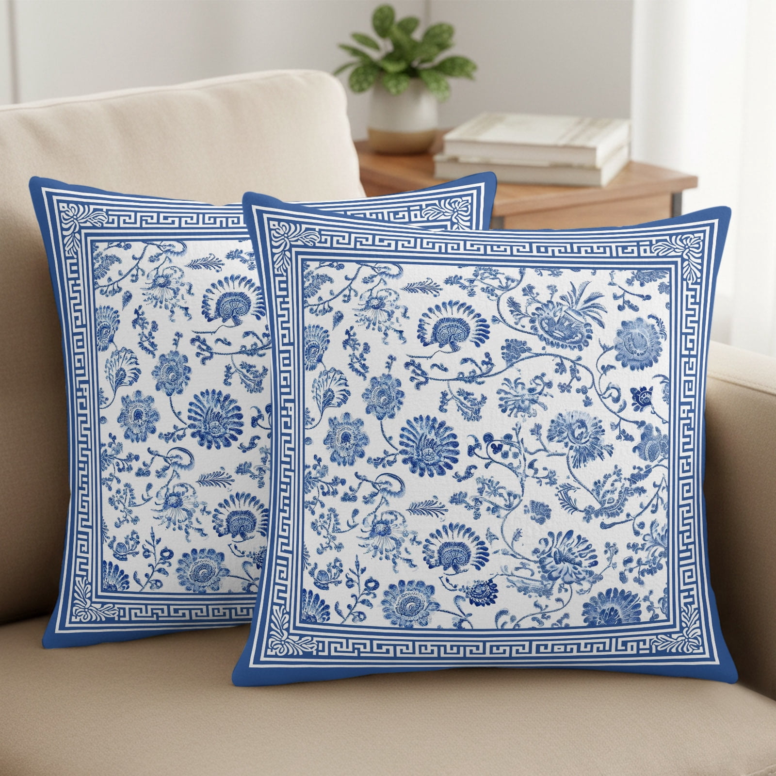 Blue Flowers Pillow Covers Set of 2, Floral Geometric Classic ...