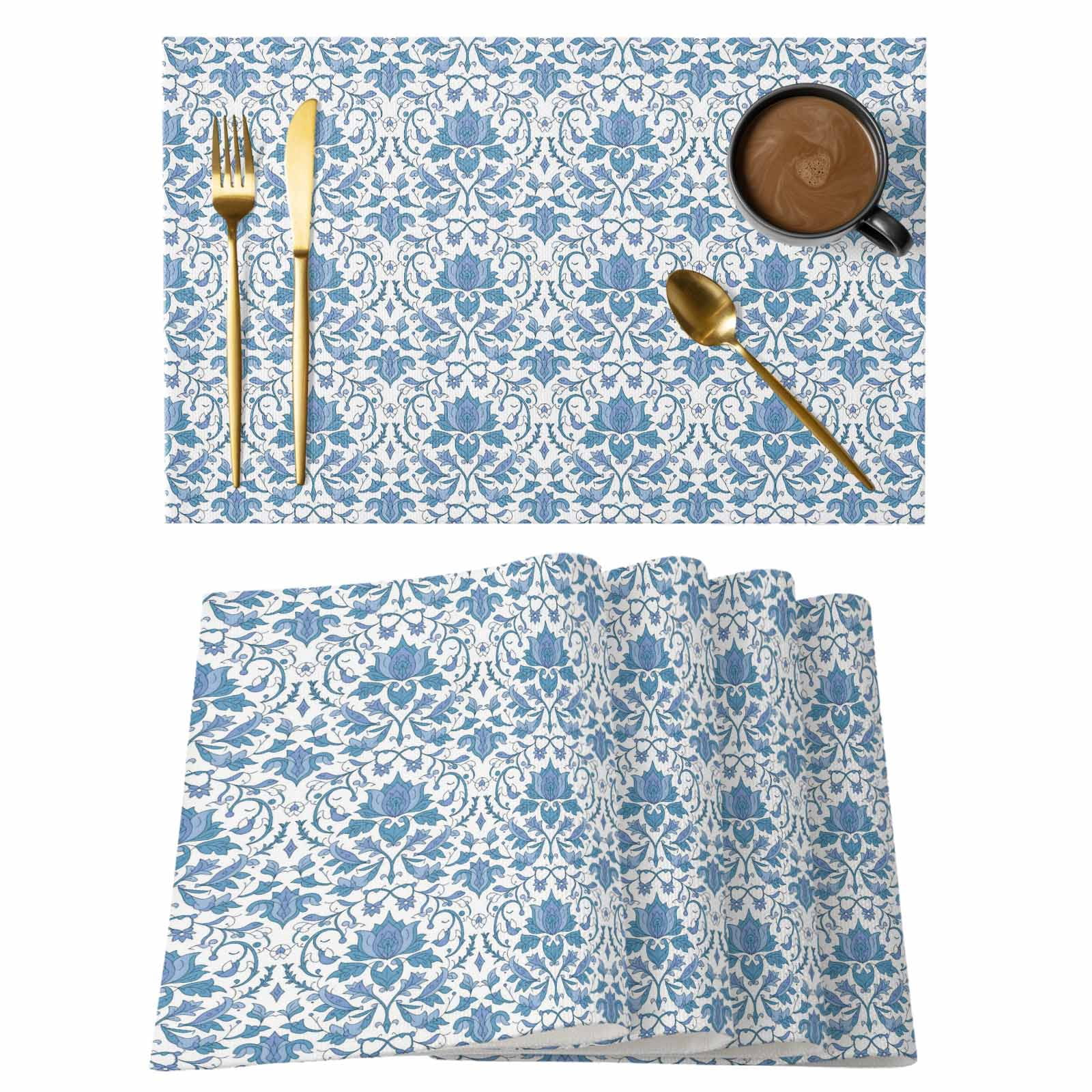 Blue Flowers Placemats Set of 12, Boho Ethnic Middle Century Floral ...
