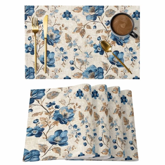 Blue Flowers Placemats Set of 4 Spring Floral Brown Leaves Botanical ...