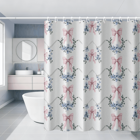 Blue Flowers Plaid Bowknot Bath Curtain Cute Bow Bathroom Curtain Plant ...
