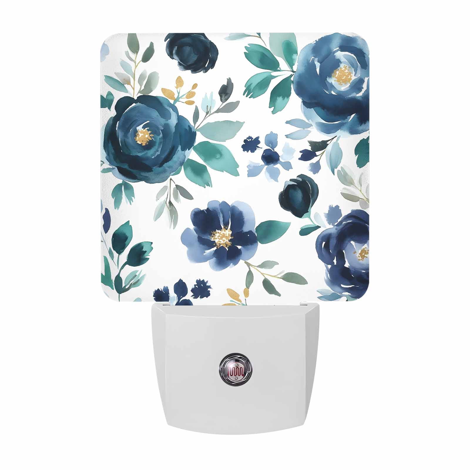 Blue Flowers Plug-in LED Night Lights Abstract Watercolor Art Auto Dusk ...