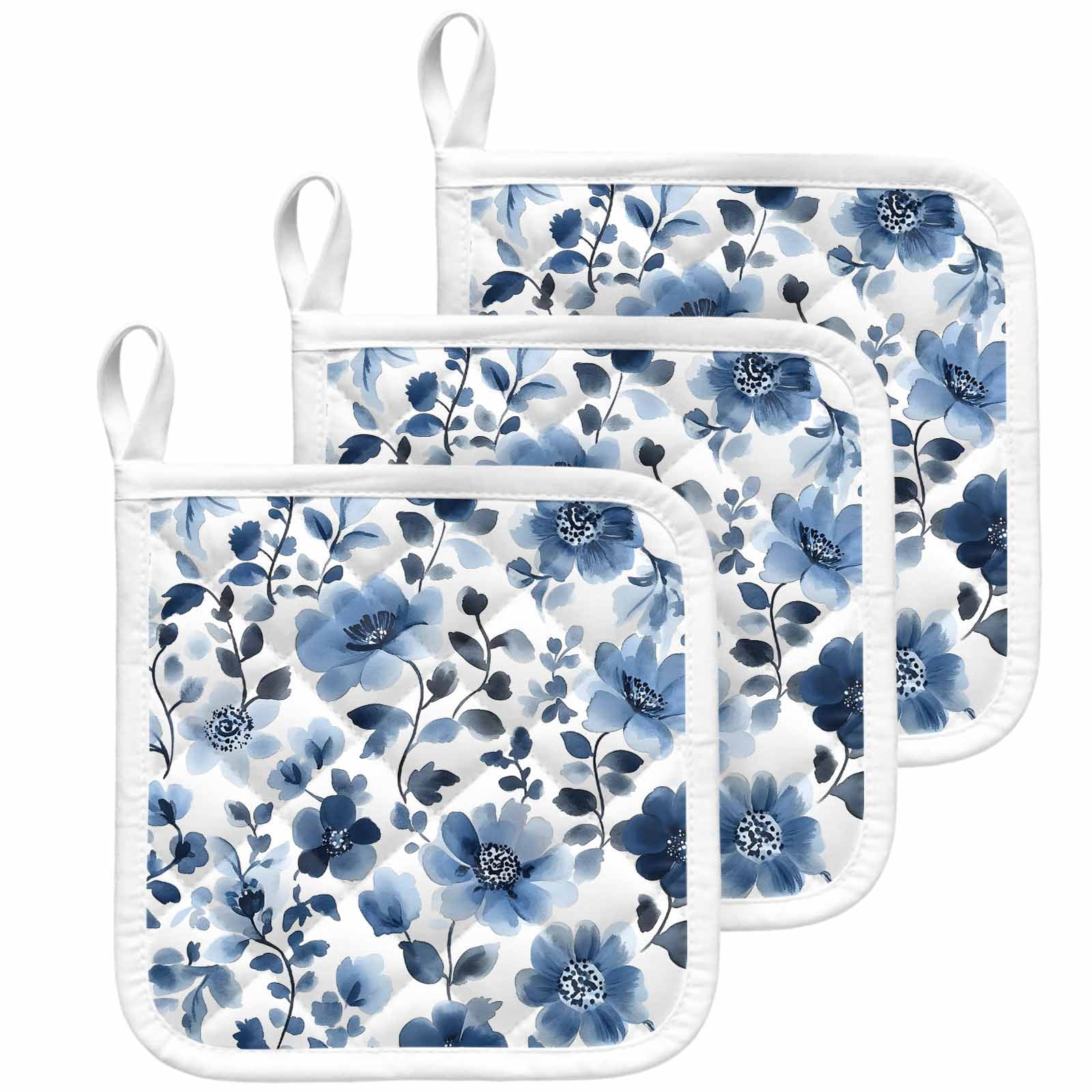 Blue Flowers Pot Holders for Kitchen Heatproof Potholder, 3 Pack Spring ...