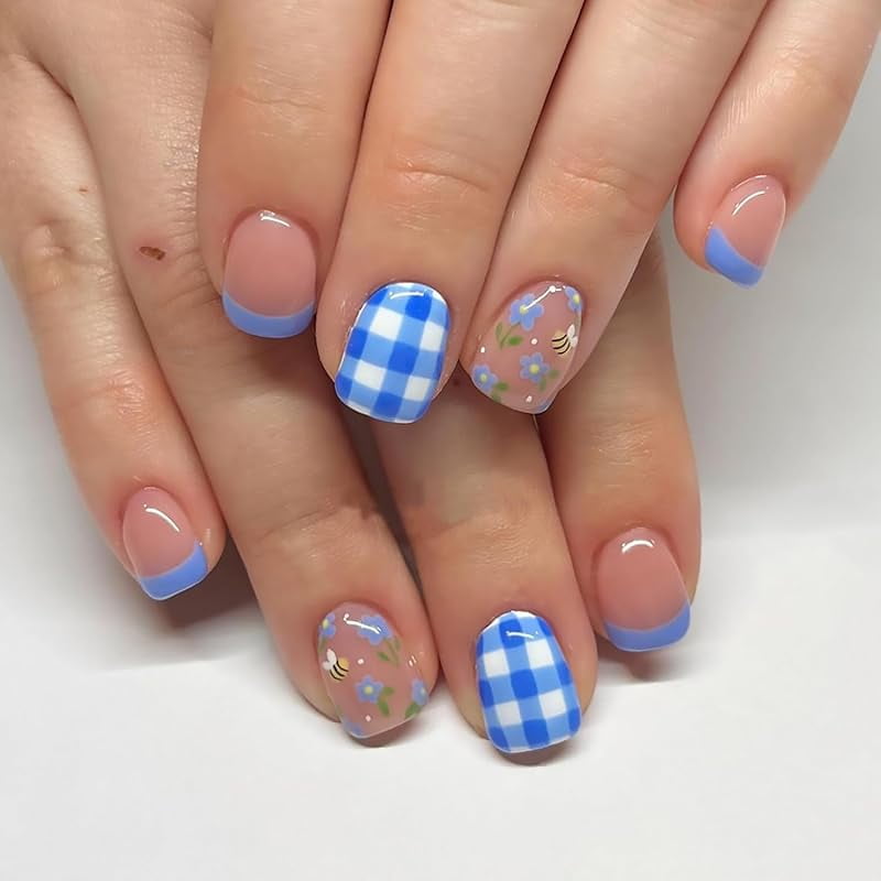 Blue Flowers Press on Nails Square Short Fake Nails Light Blue False ...