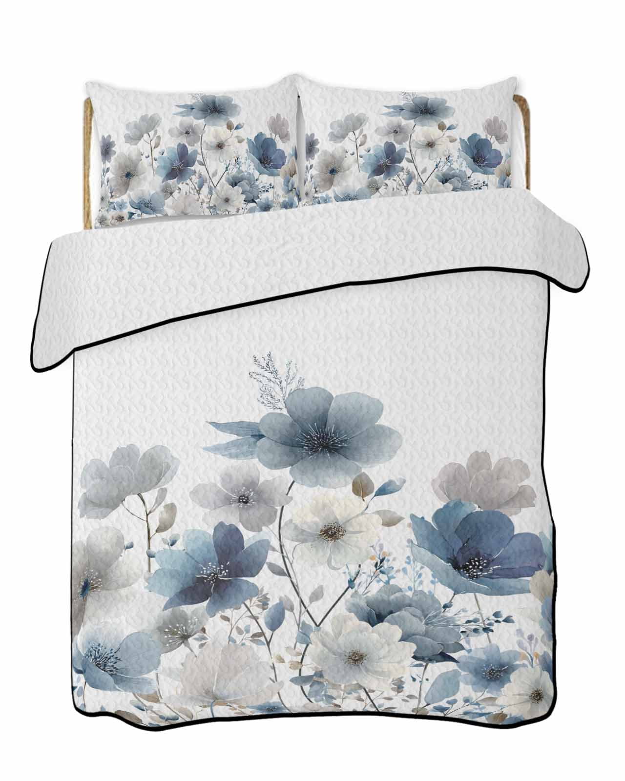 Blue Flowers Quilts Bedding Set Queen Size Country Watercolor Blue Grey ...