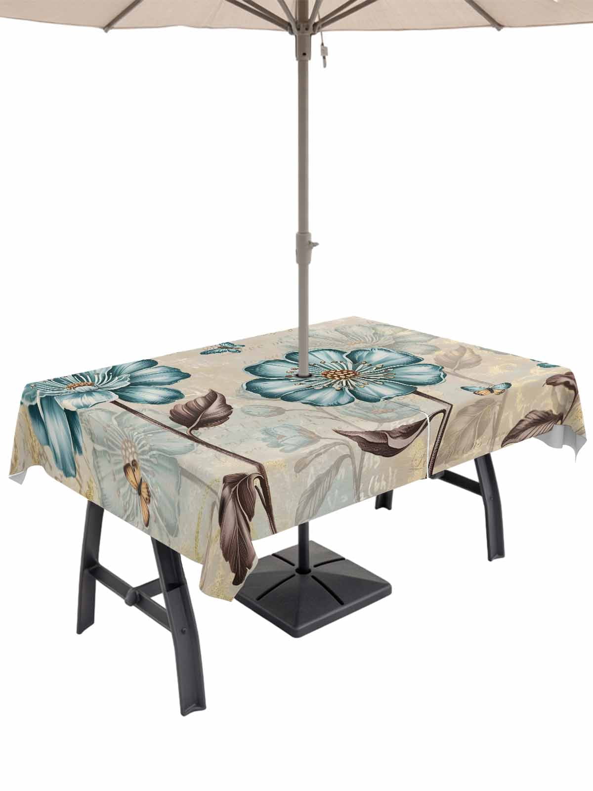 Blue Flowers Rectangle Outdoor Tablecloth with Umbrella Hole Vintage ...