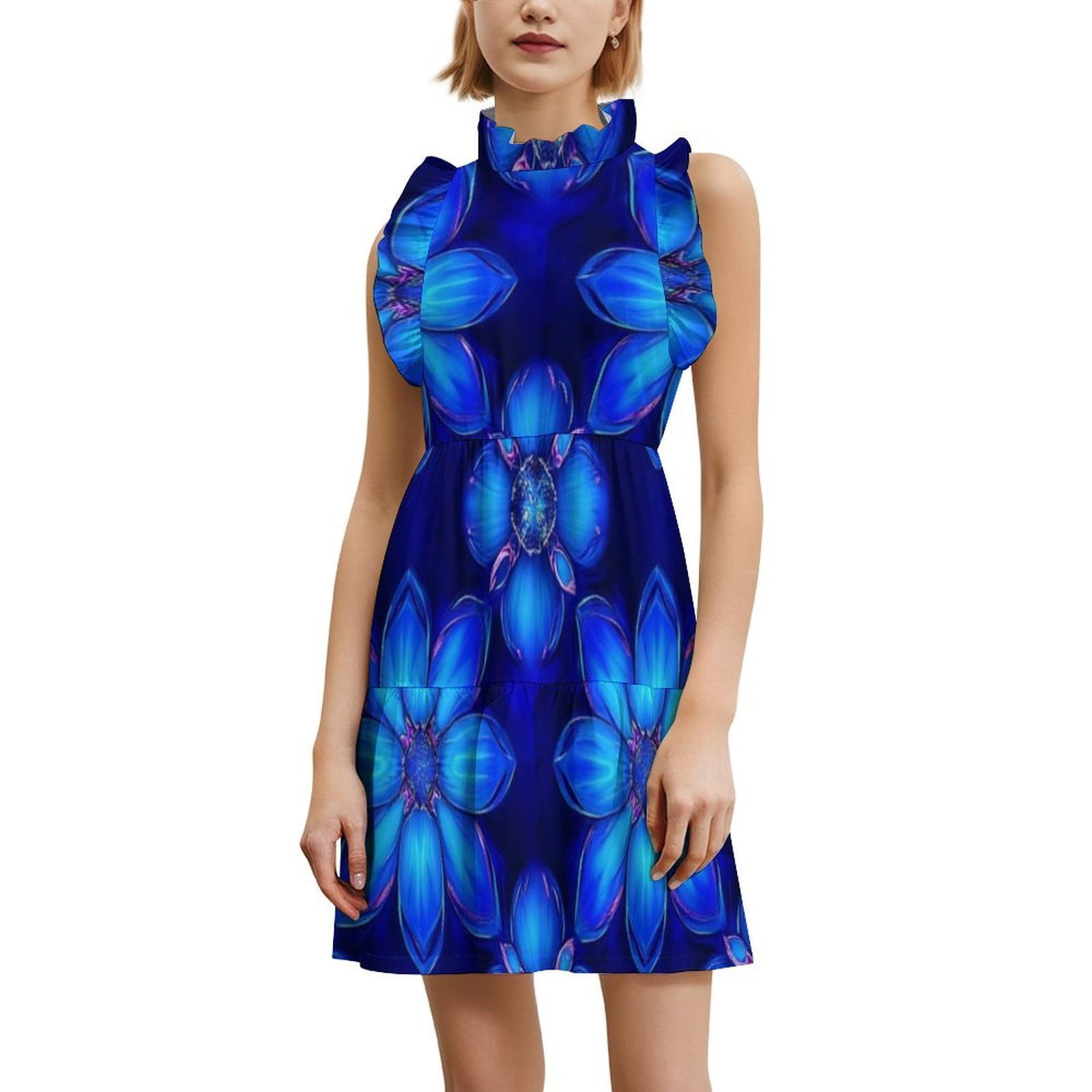 Blue Flowers Repeating Pattern Women's Fashion Casual Dress Summer ...