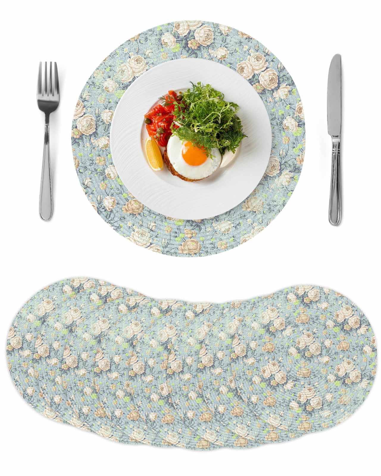 Blue Flowers Round 13 Inch Placemats Set of 8, Romantic Farmhouse ...