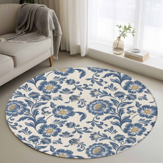 Blue Flowers Round Area Rug 3Ft Washable Small Circle Rugs for Kitchen ...