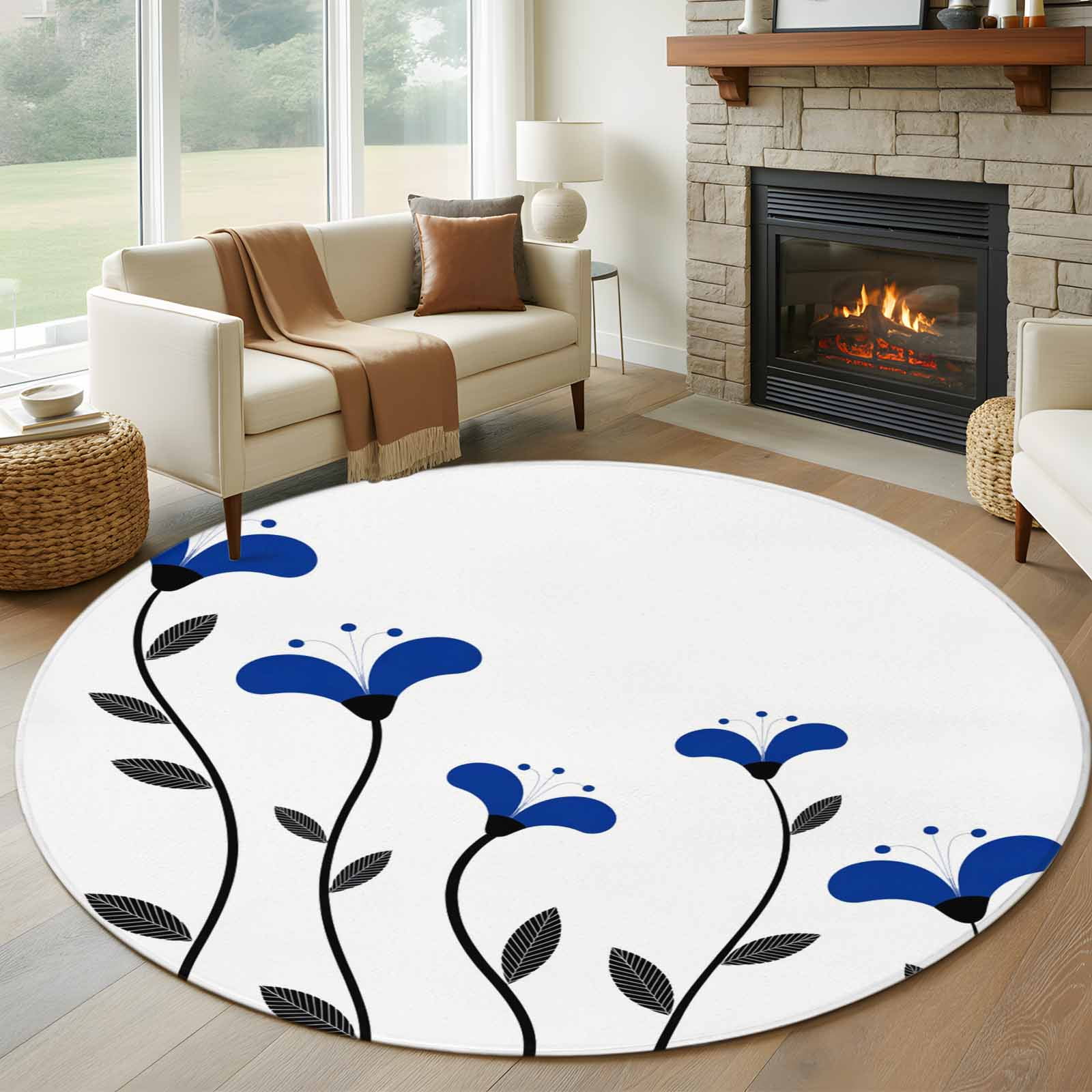 Blue Flowers Round Area Rug 8Ft Washable Large Circle Rugs for Living ...