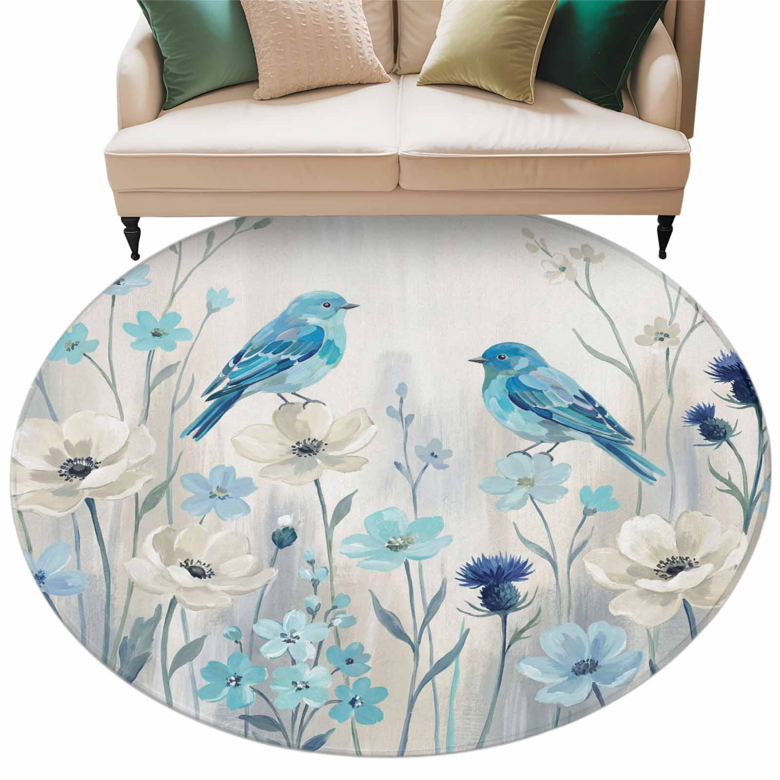 Blue Flowers Round Area Rugs Collection 7', Spring Birds Rustic Floral ...