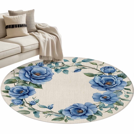 Blue Flowers Round Area Rug 3.3ft Spring Floral Wreath Non-Slip ...