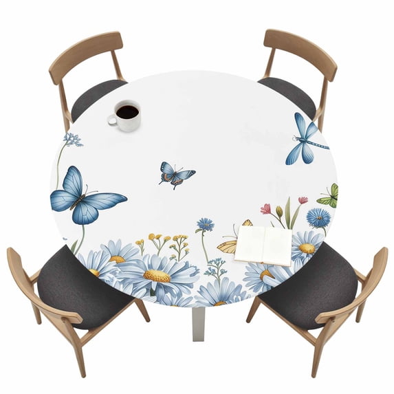 Blue Flowers Round Fitted Tablecloth with Elastic Edge Daisy ...