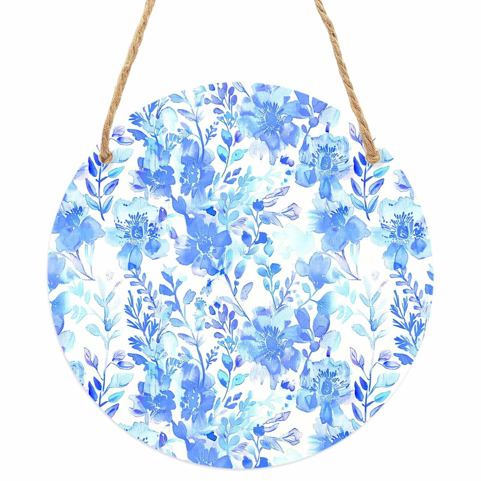 Blue Flowers Round Front Door Welcome Sign, 7.8 Inch Wall Hanging Decor ...