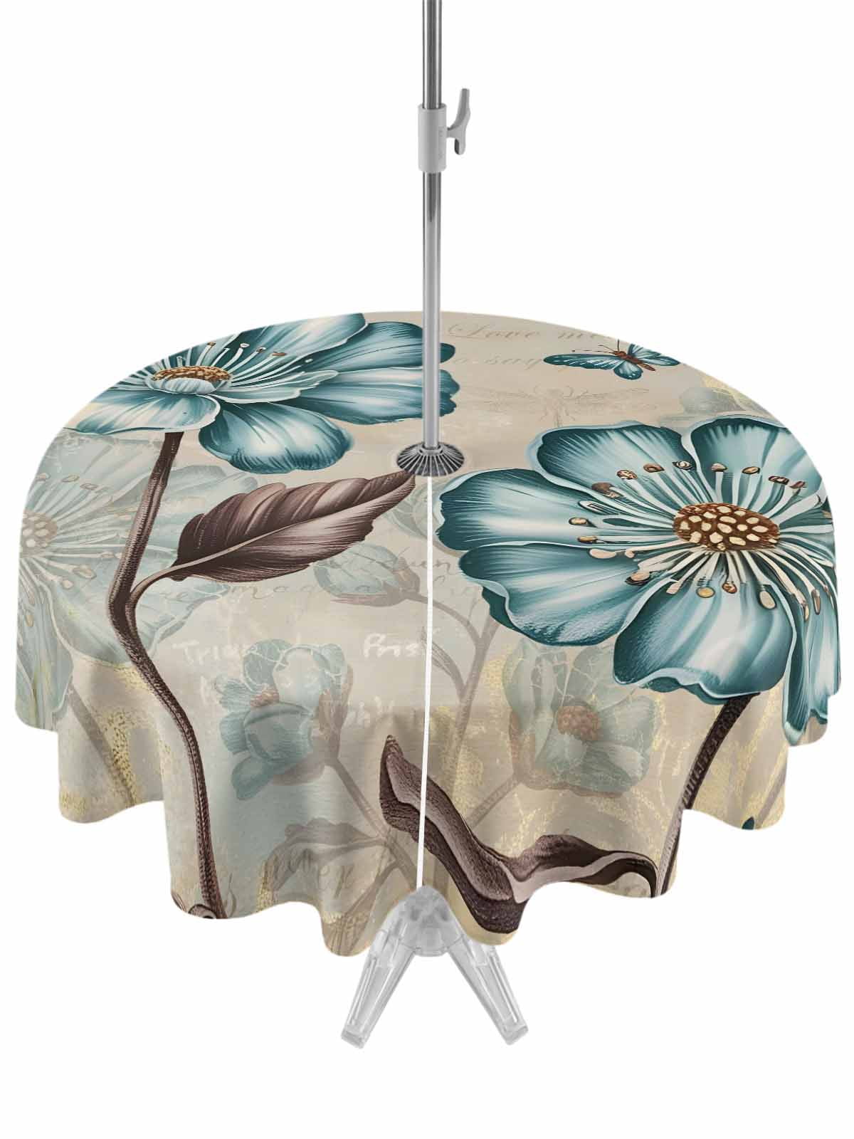Blue Flowers Round Outdoor Tablecloth with Umbrella Hole Vintage ...