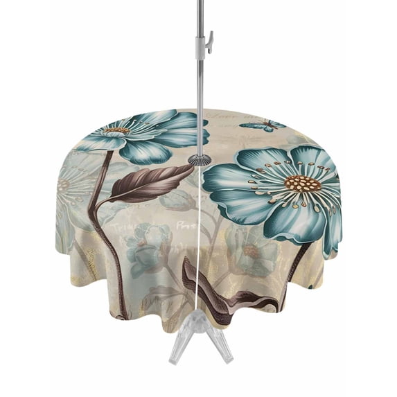Blue Flowers Round Outdoor Tablecloth with Umbrella Hole Vintage ...