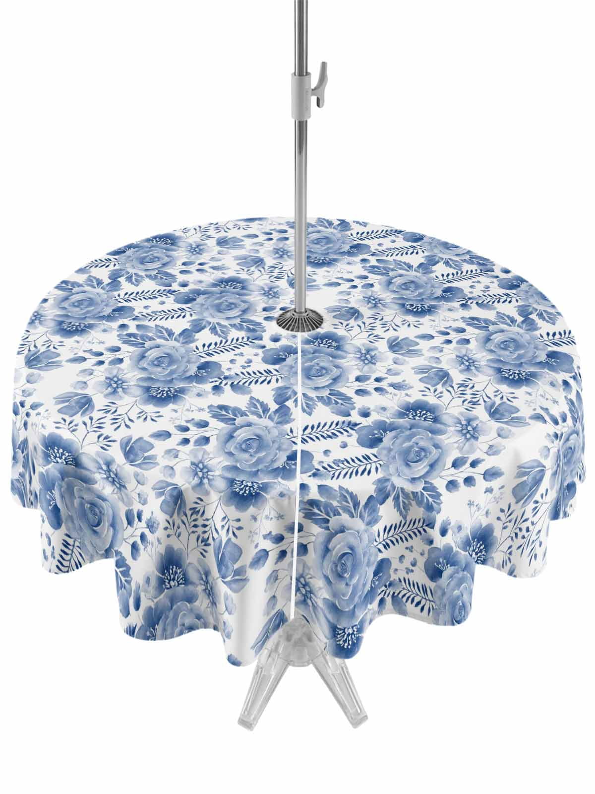 Blue Flowers Round Outdoor Tablecloth with Umbrella Hole Watercolors ...