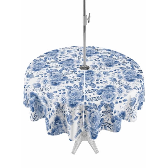 Blue Flowers Round Outdoor Tablecloth with Umbrella Hole Watercolors ...