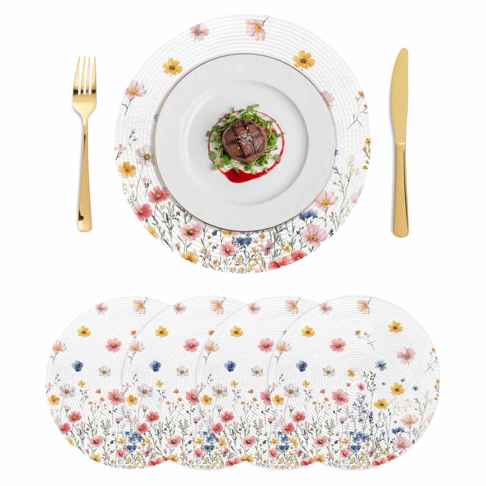 Blue Flowers Round Placemats Set of 4, Braided Polypropylene Place Mats ...