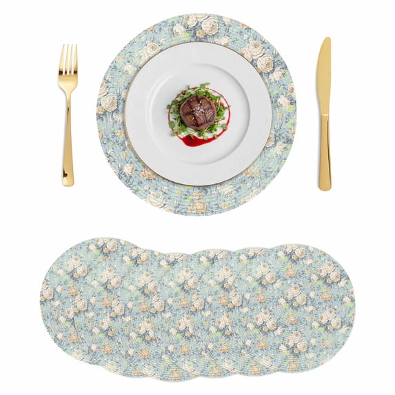 Blue Flowers Round Placemats Set of 6, Braided Polypropylene Place Mats ...