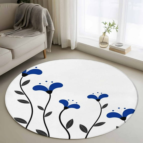 Blue Flowers Round Rug 3.3ft Washable Circle Entryway Rugs Non Slip ...