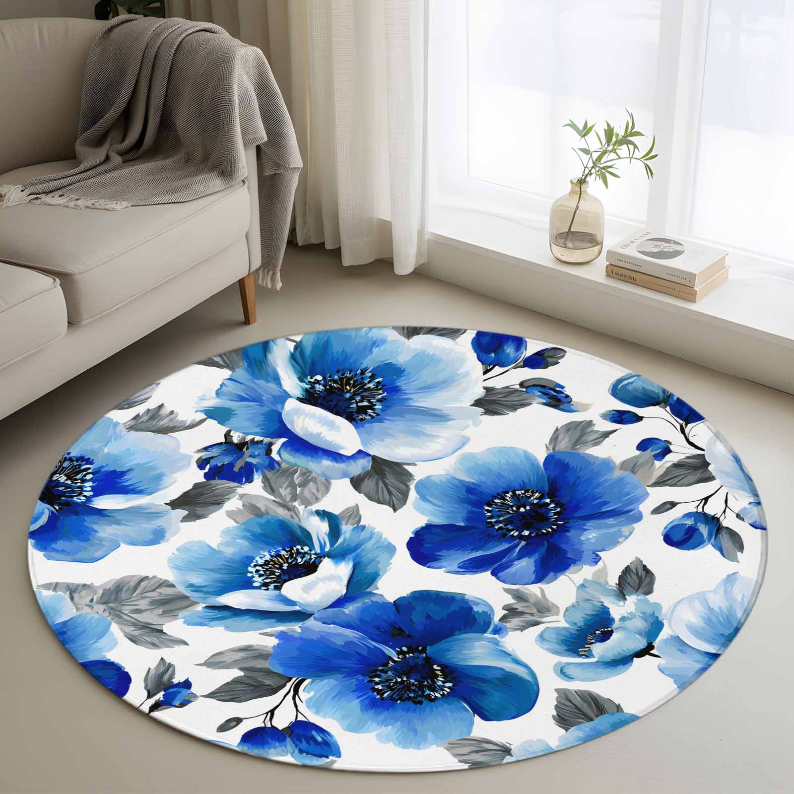Blue Flowers Round Rug 3.3ft Washable Circle Entryway Rugs Non Slip ...