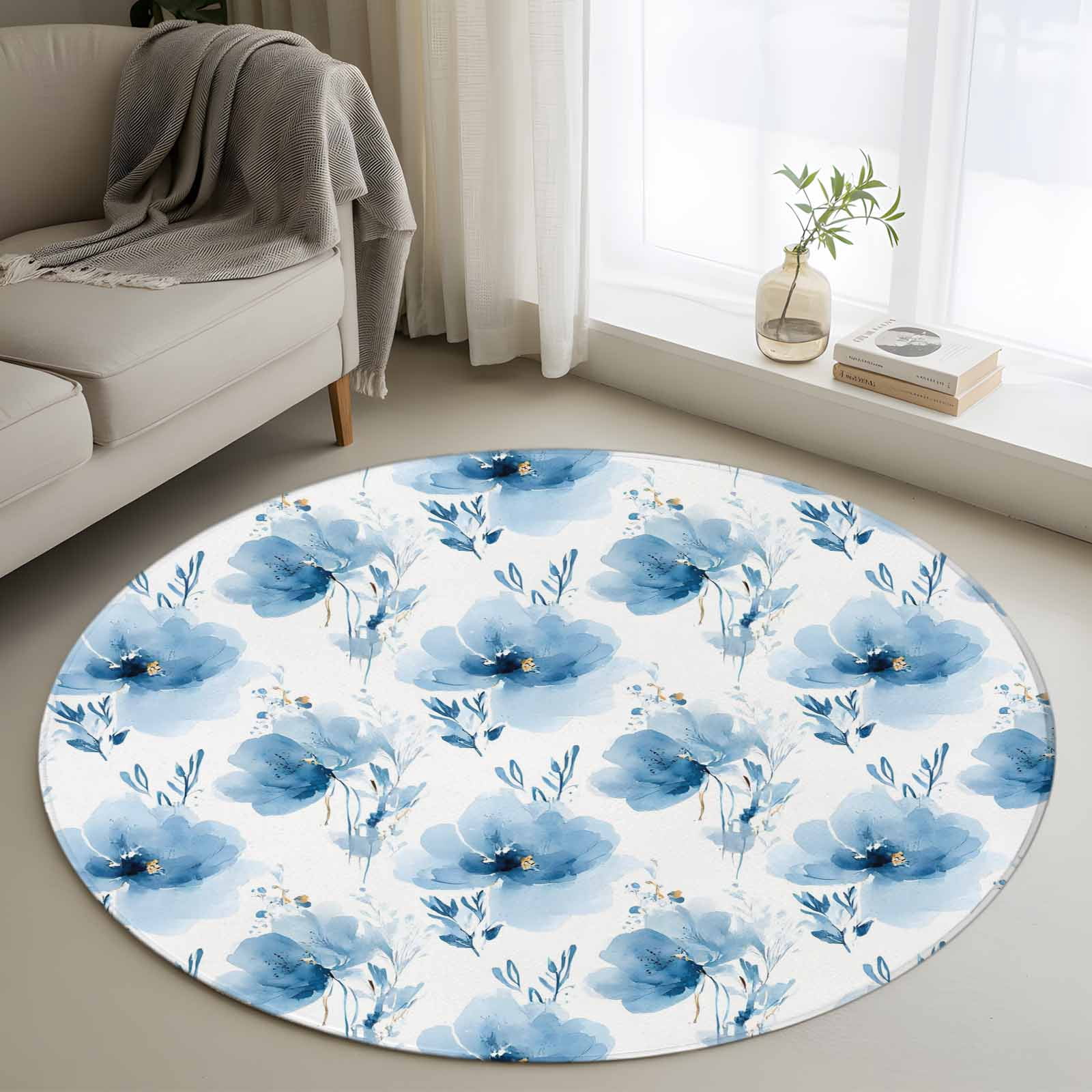 Blue Flowers Round Rug 3ft Washable Circle Entryway Rugs Non Slip ...