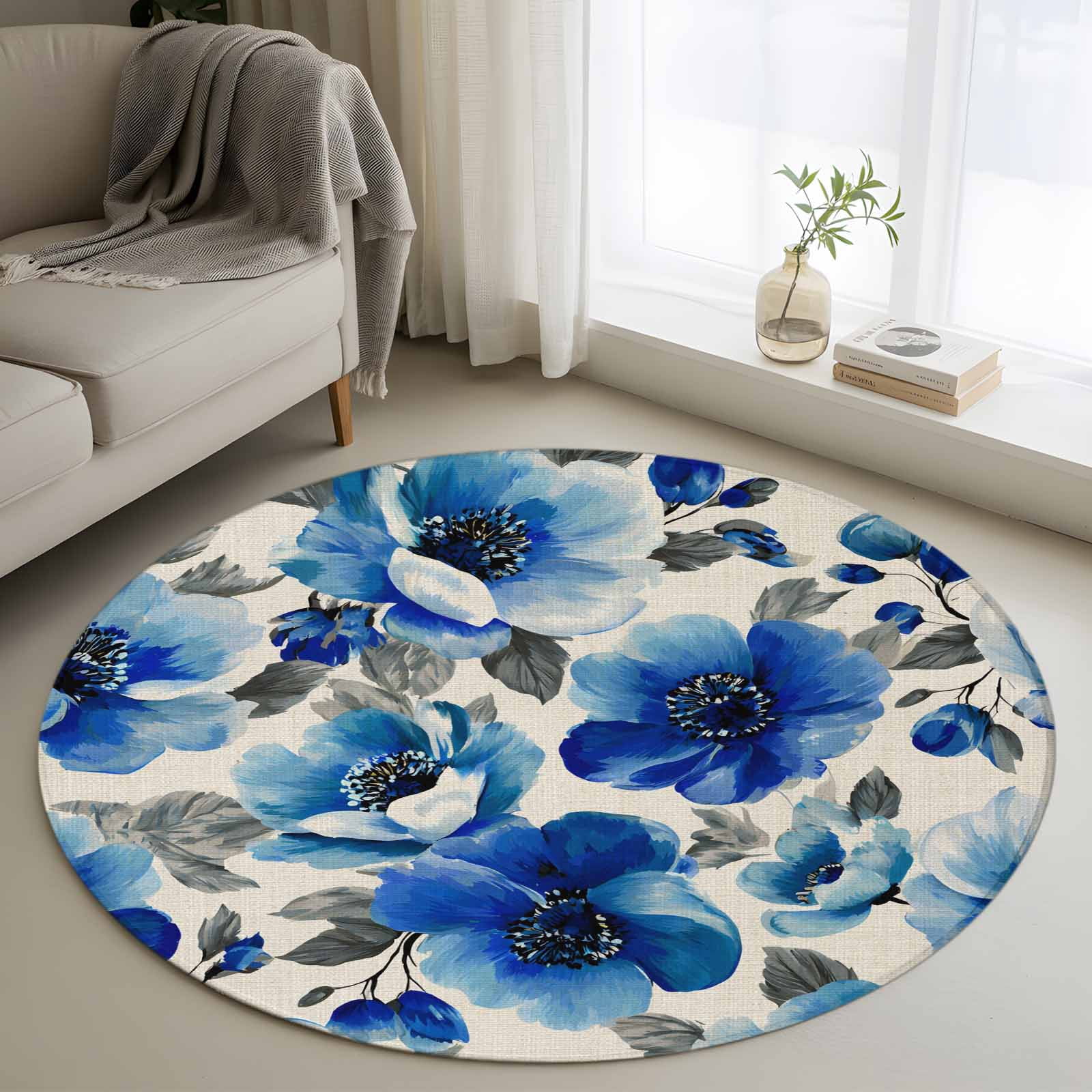 Blue Flowers Round Rug 4ft Washable Circle Entryway Rugs Non Slip ...