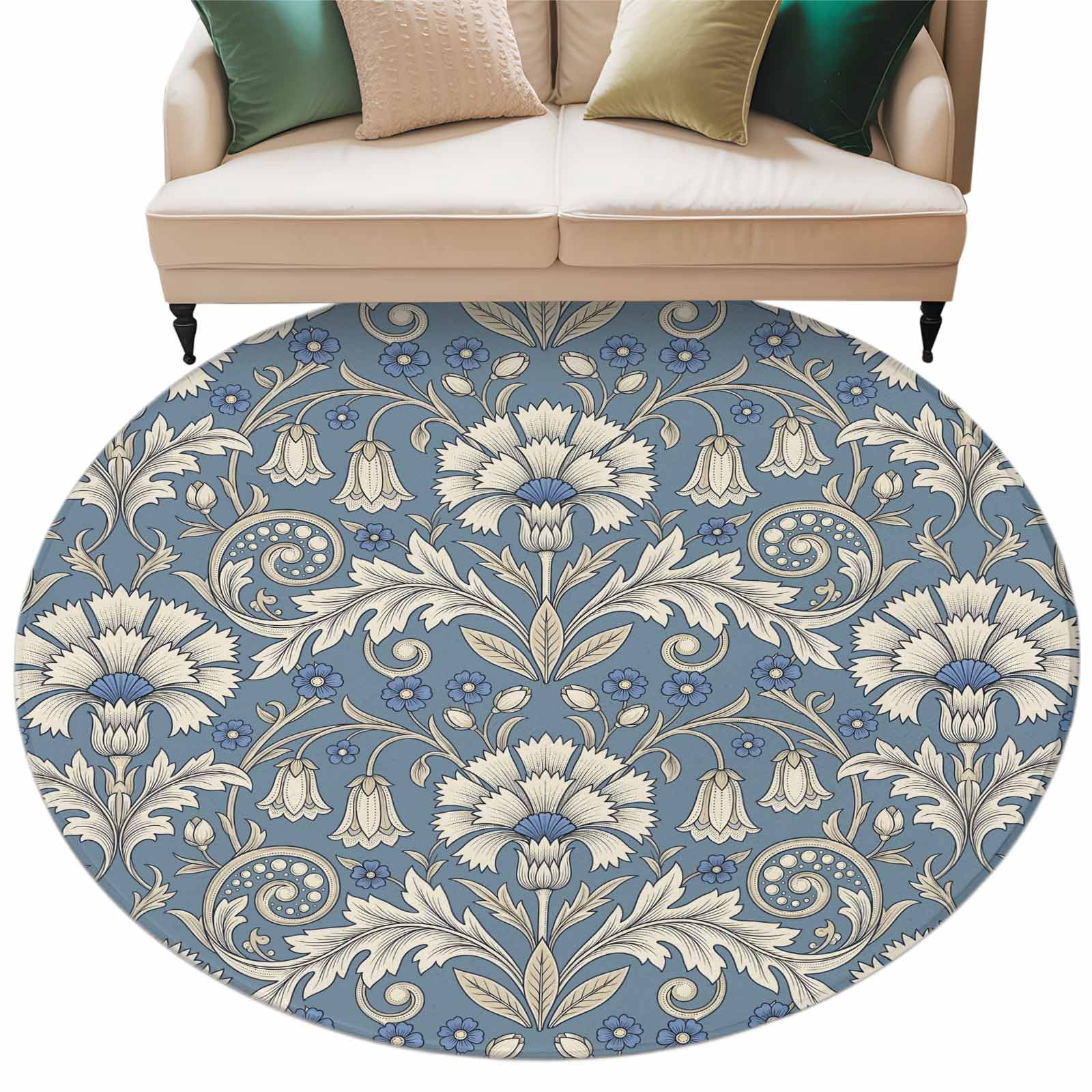 Blue Flowers Round Rug 5ft Washable Circle Kitchen Rugs Non Slip Spring ...