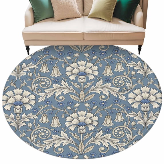 Blue Flowers Round Rug 5ft Washable Circle Kitchen Rugs Non Slip Spring ...