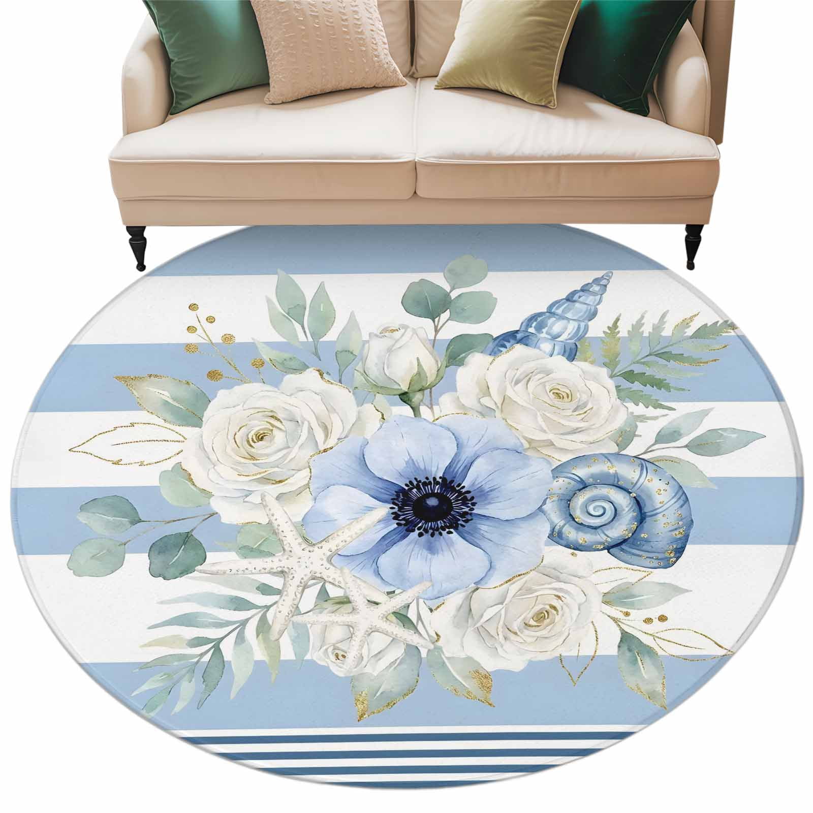 Blue Flowers Round Rug 8ft Washable Circle Rugs Non Slip Spring Summer ...
