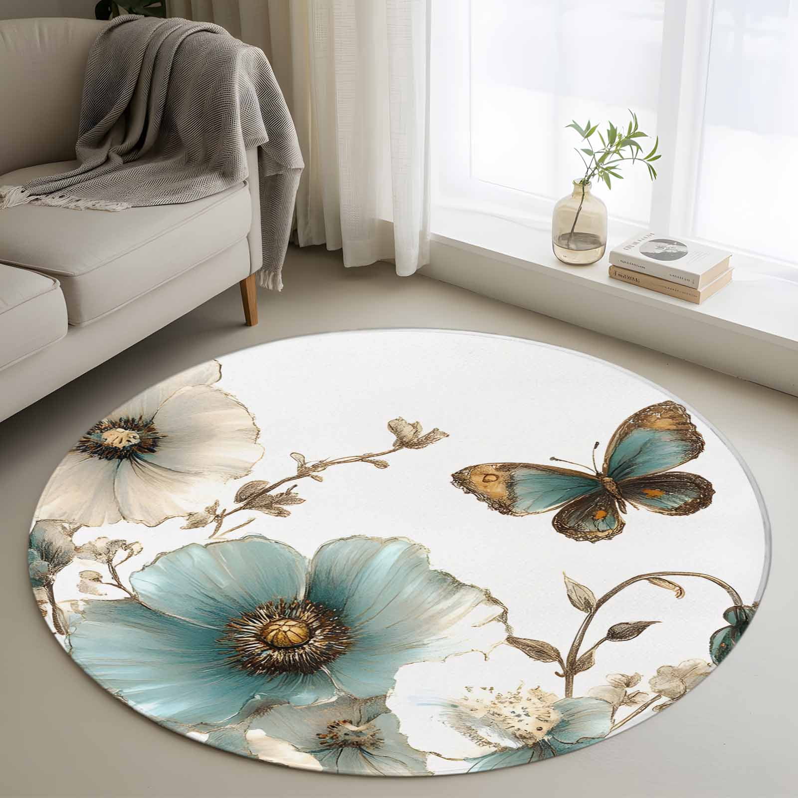 Blue Flowers Round Rugs for Living Room 4ft Butterfly Watercolor Floral ...
