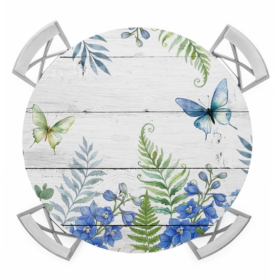Blue Flowers Round Table Cover, White Floral Butterflies Green Leaf ...