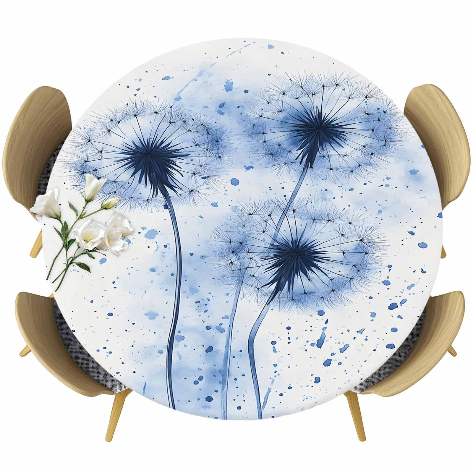 Blue Flowers Round Tablecloth 55-60 Inch Round Fitted Table Cloth with Elastic Edge, Simple ...