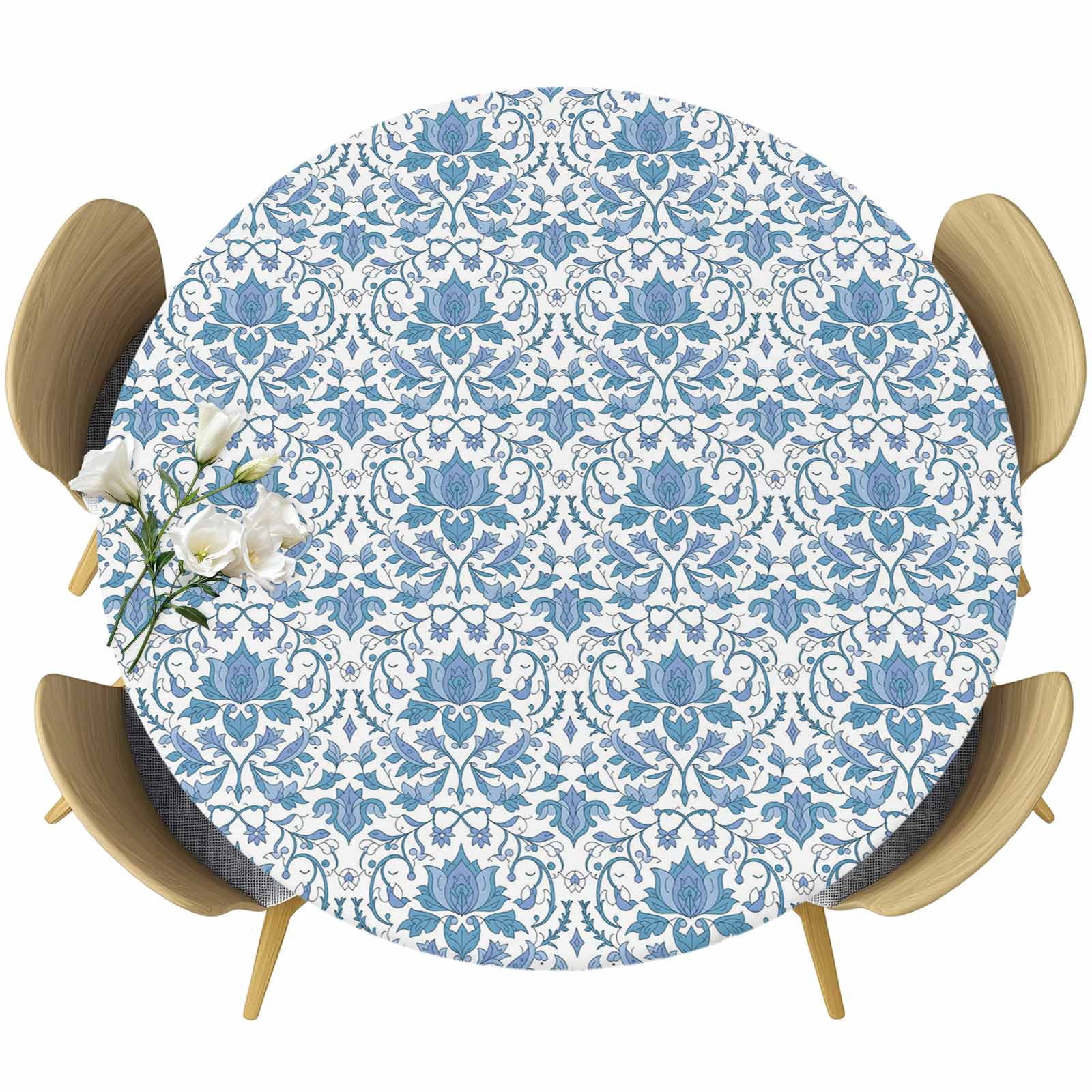 Blue Flowers Round Tablecloth, Fitted Table Cover with Elastic for 45 ...
