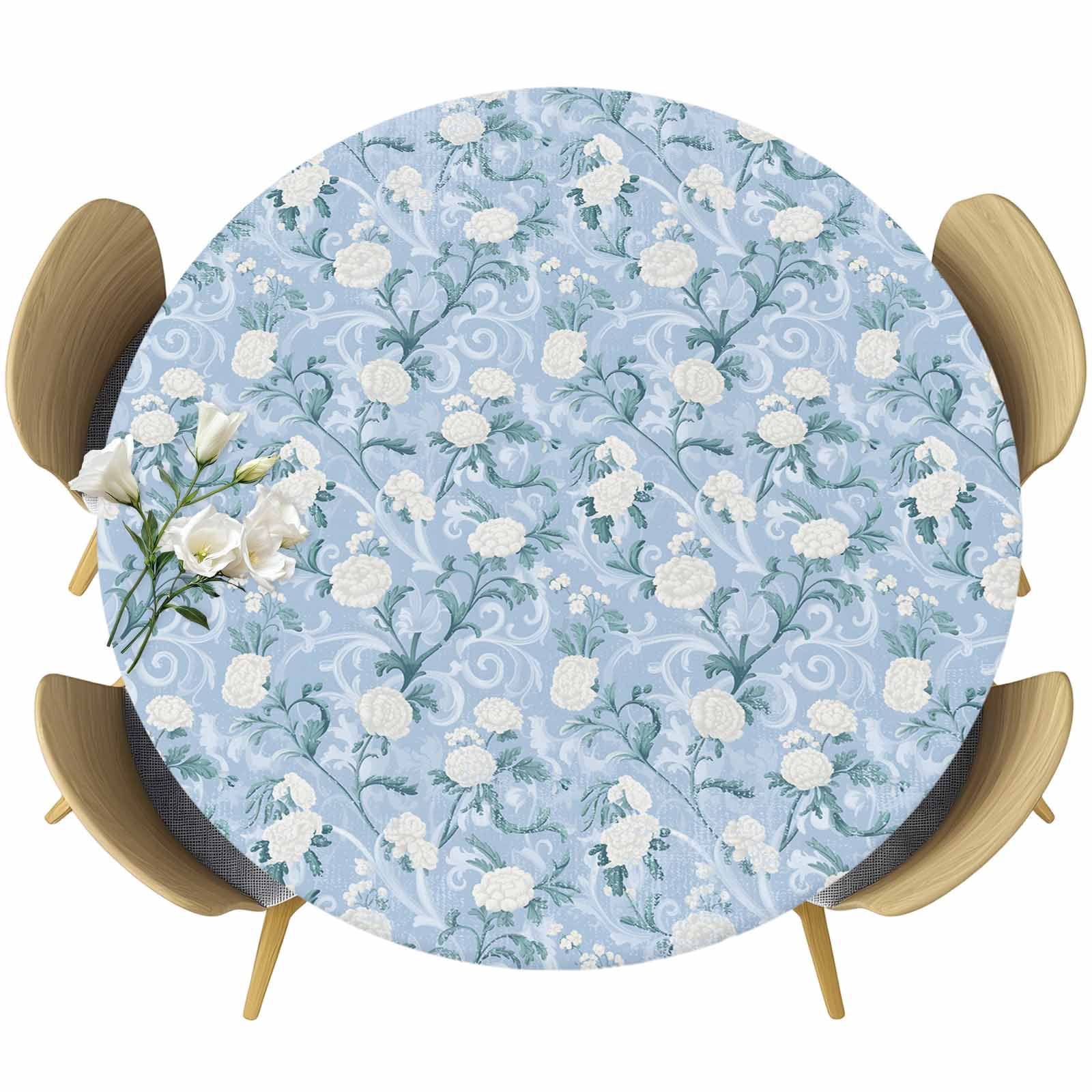 Blue Flowers Round Tablecloth, Fitted Table Cover with Elastic for 55 ...
