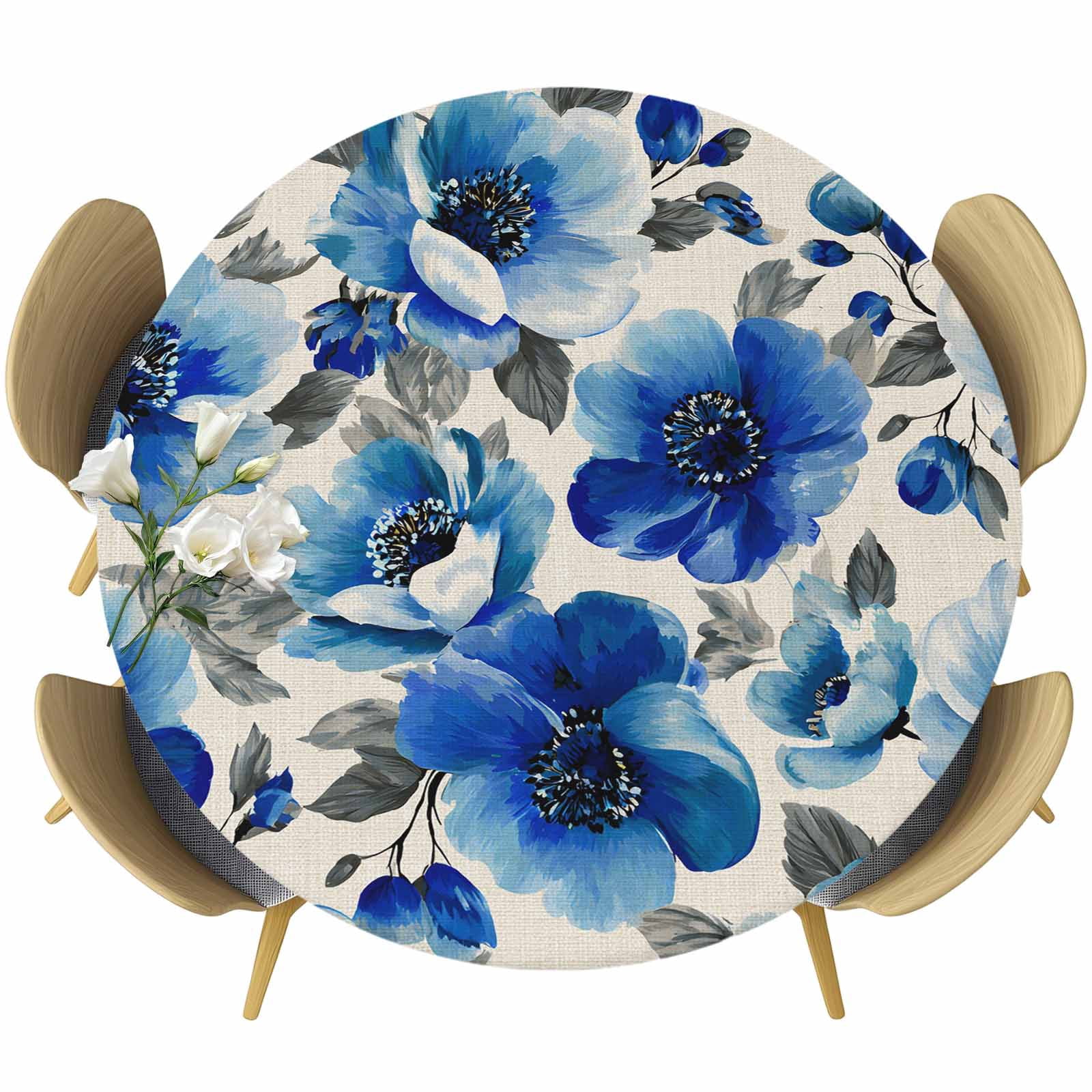 Blue Flowers Round Tablecloth, Fitted Table Cover with Elastic for 55 ...