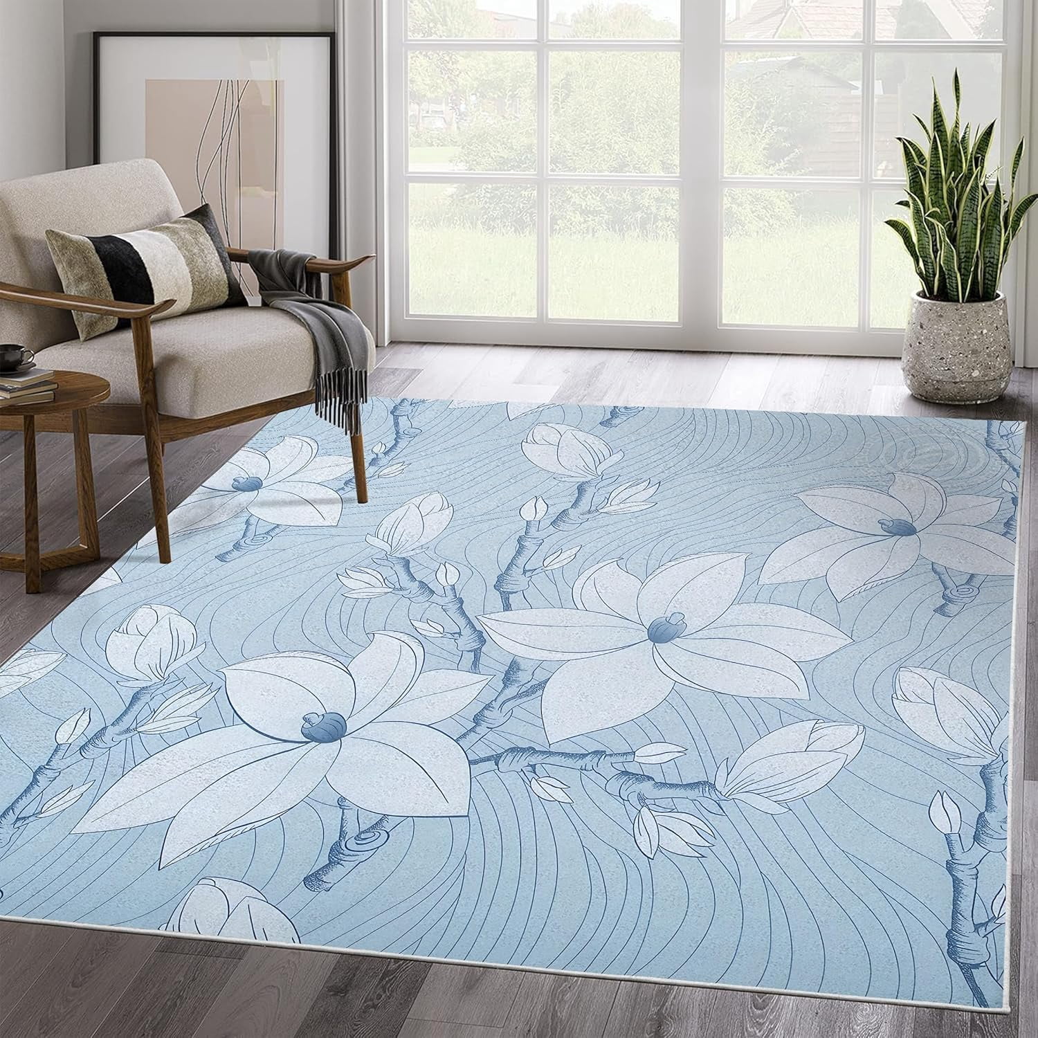 Blue Flowers Rug, Branch Area Rugs for Bedroom Living Room,Retro Carpet ...