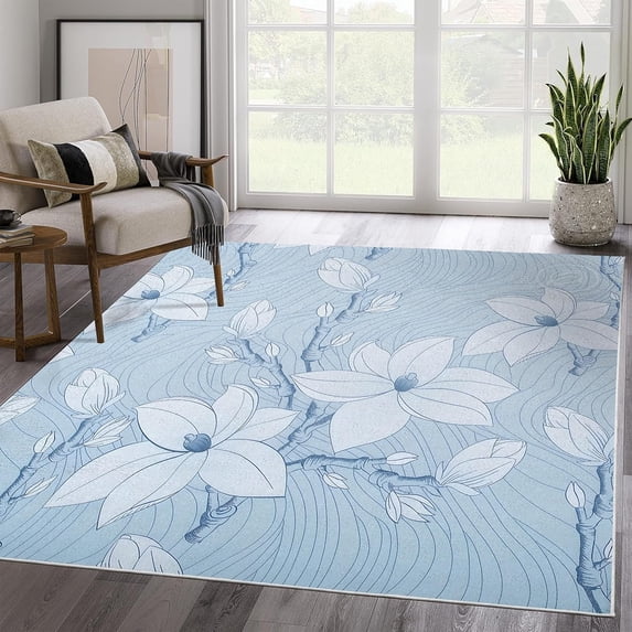 Blue Flowers Rug, Branch Area Rugs for Bedroom Living Room,Retro Carpet ...