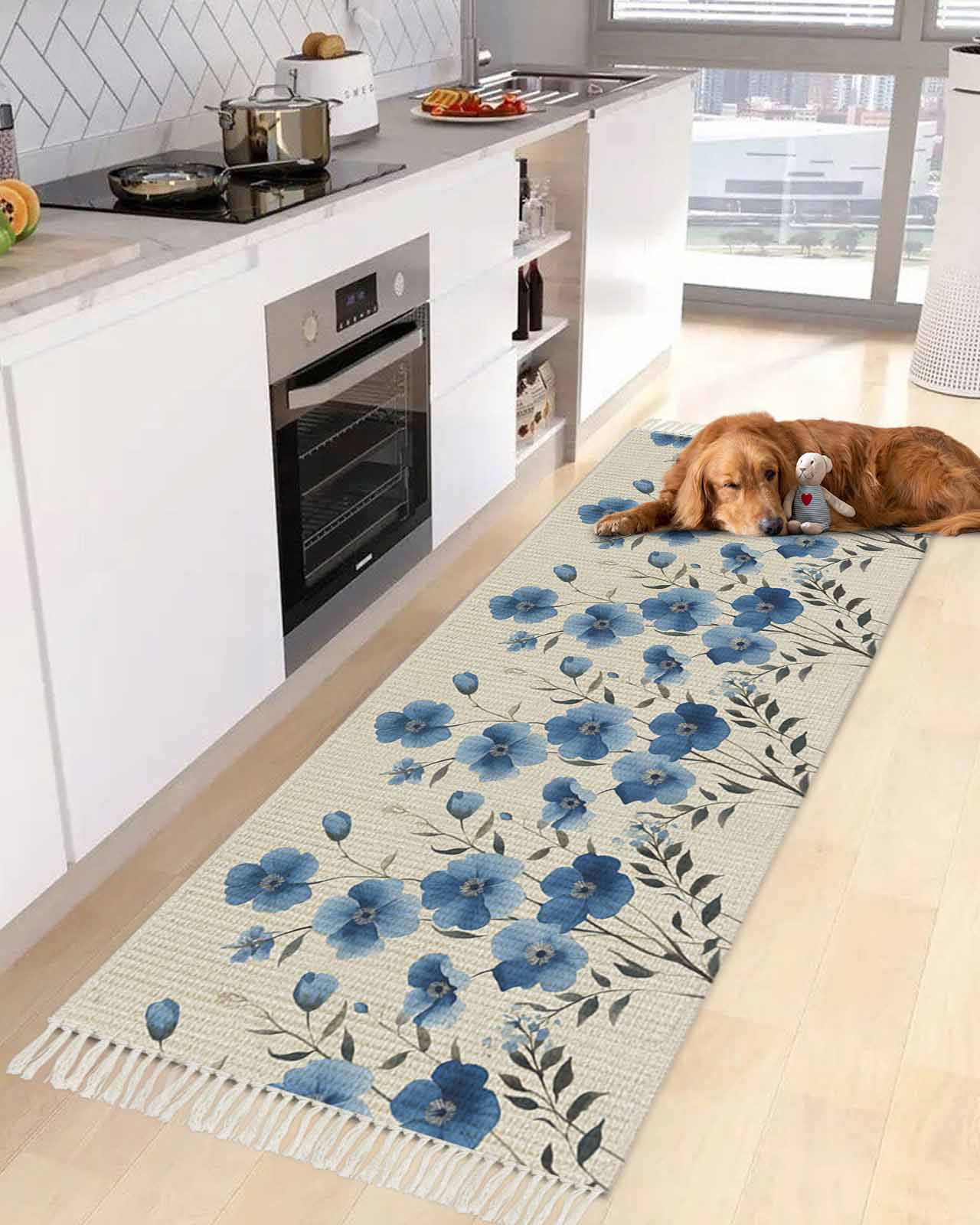 Blue Flowers Runner Rug for Hallway 2x5ft, Spring Floral Leaf Washable ...