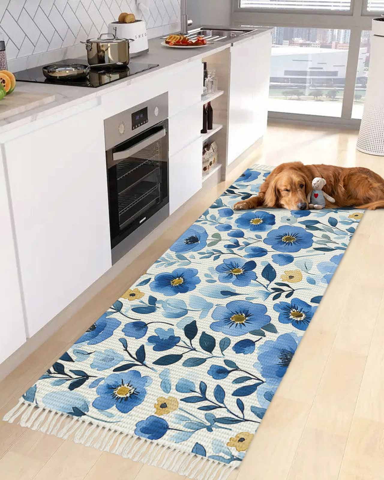 Blue Flowers Runner Rug for Hallway 2x5ft, Watercolor Floral Washable ...