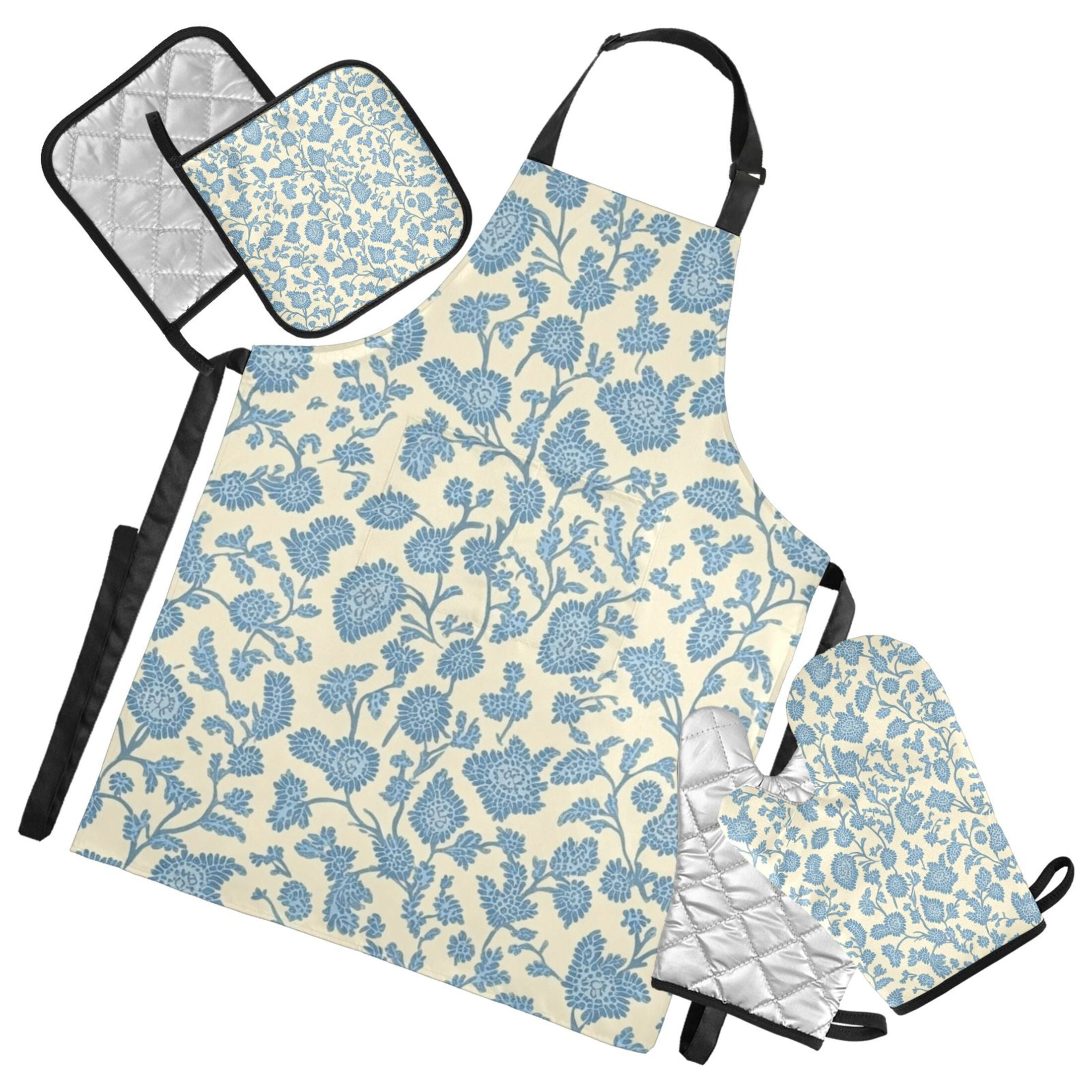 Blue Flowers Seamless Pattern Oven Mitts and Pot Holders with Chef ...