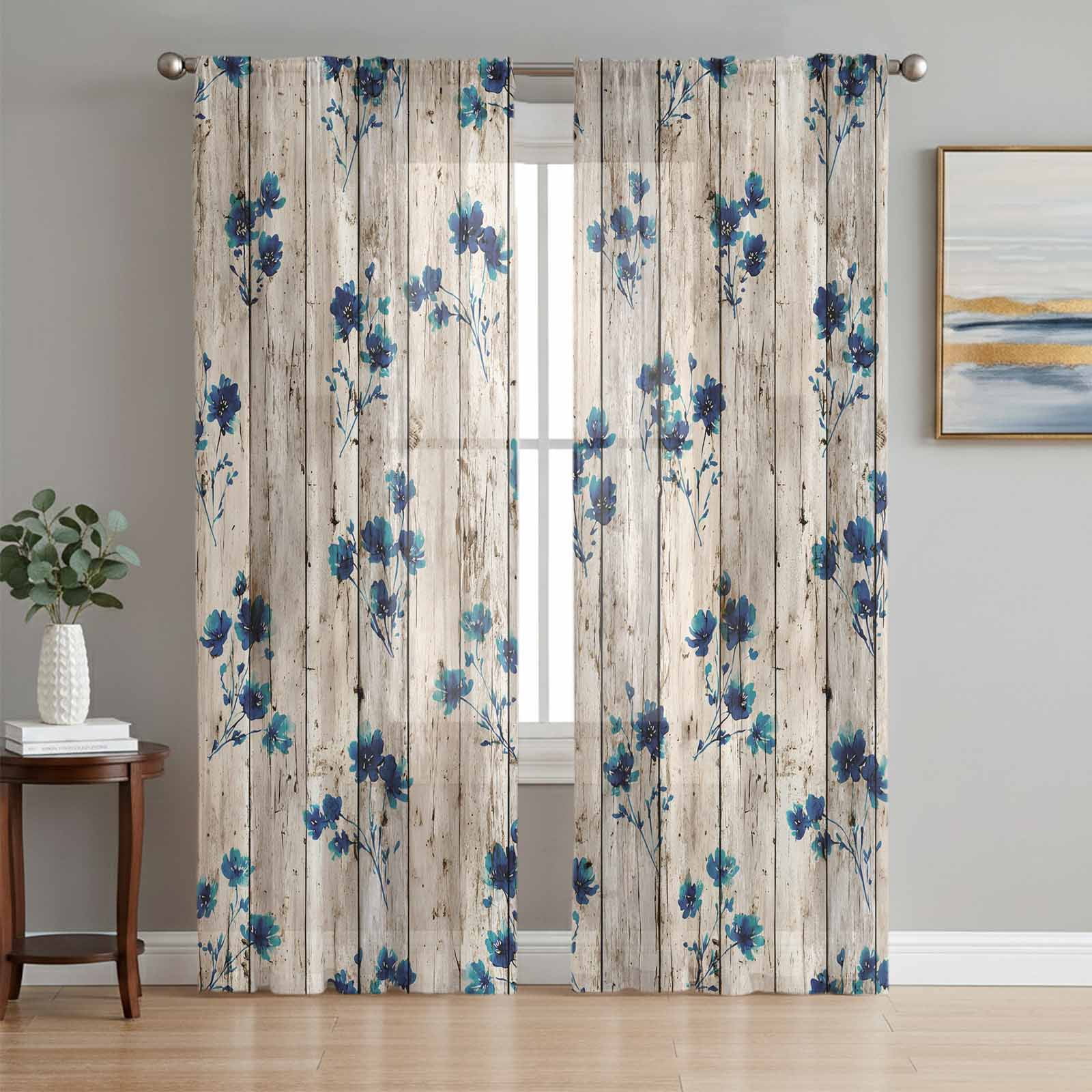 Blue Flowers Semi Sheer Curtains 63 Inch Length 2 Panels Set, Farmhouse ...