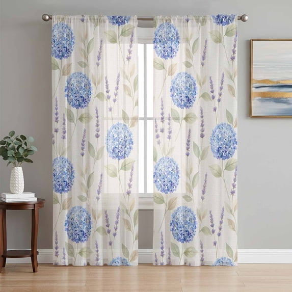 Blue Flowers Semi Sheer Curtains 72 Inch Length 2 Panels Set, Spring ...