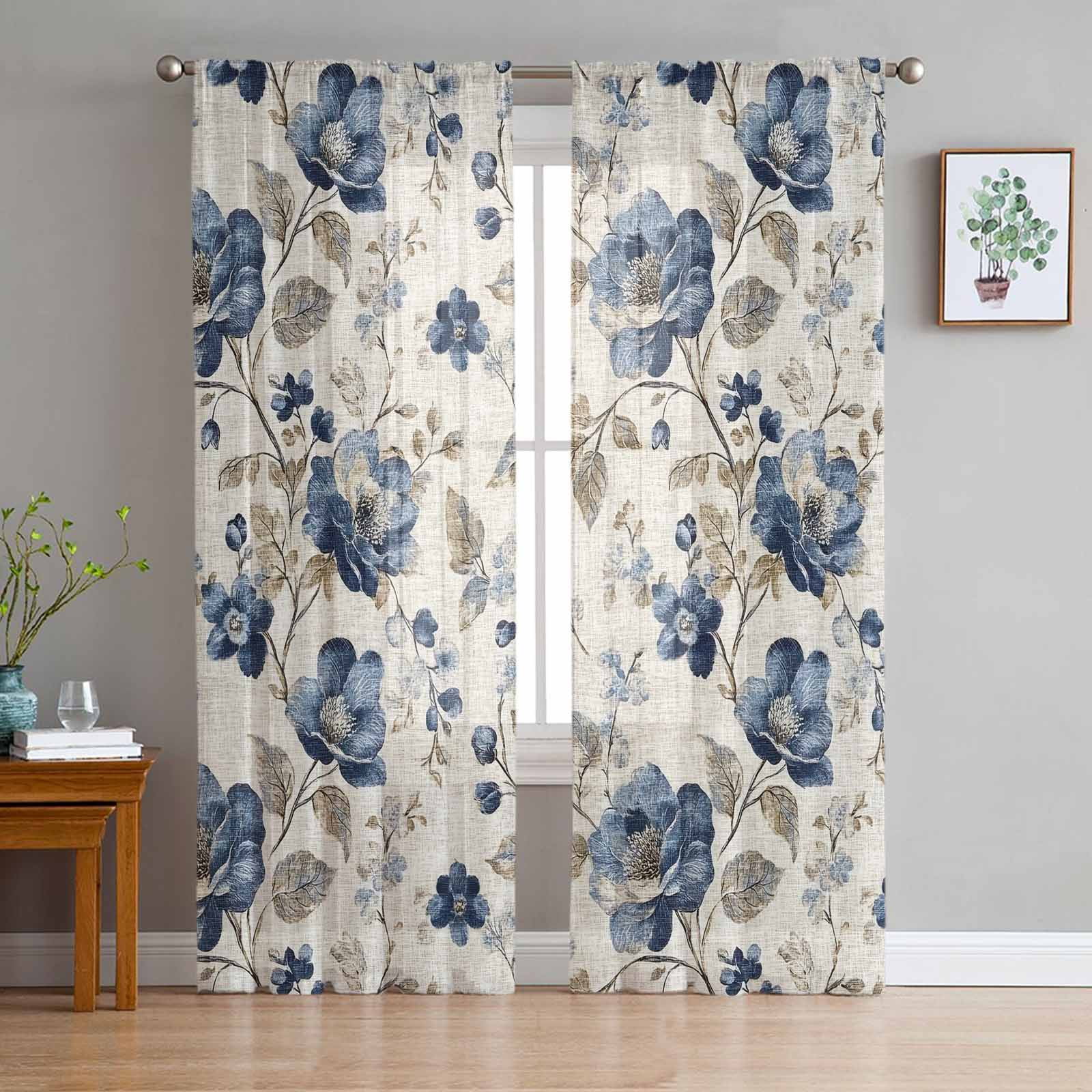Blue Flowers Semi Sheer Curtains 72 Inch Length 2 Panels Set, Vintage ...