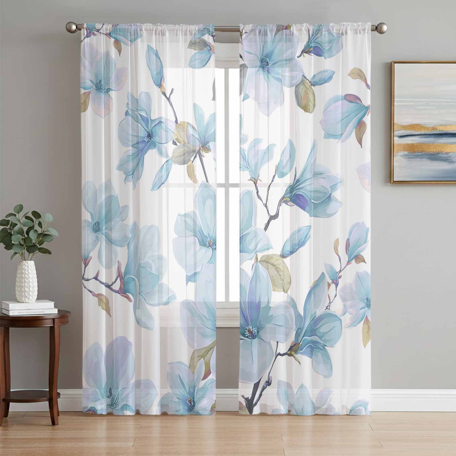 Blue Flowers Semi Sheer Curtains 96 Inch Length 2 Panels Set,Spring ...