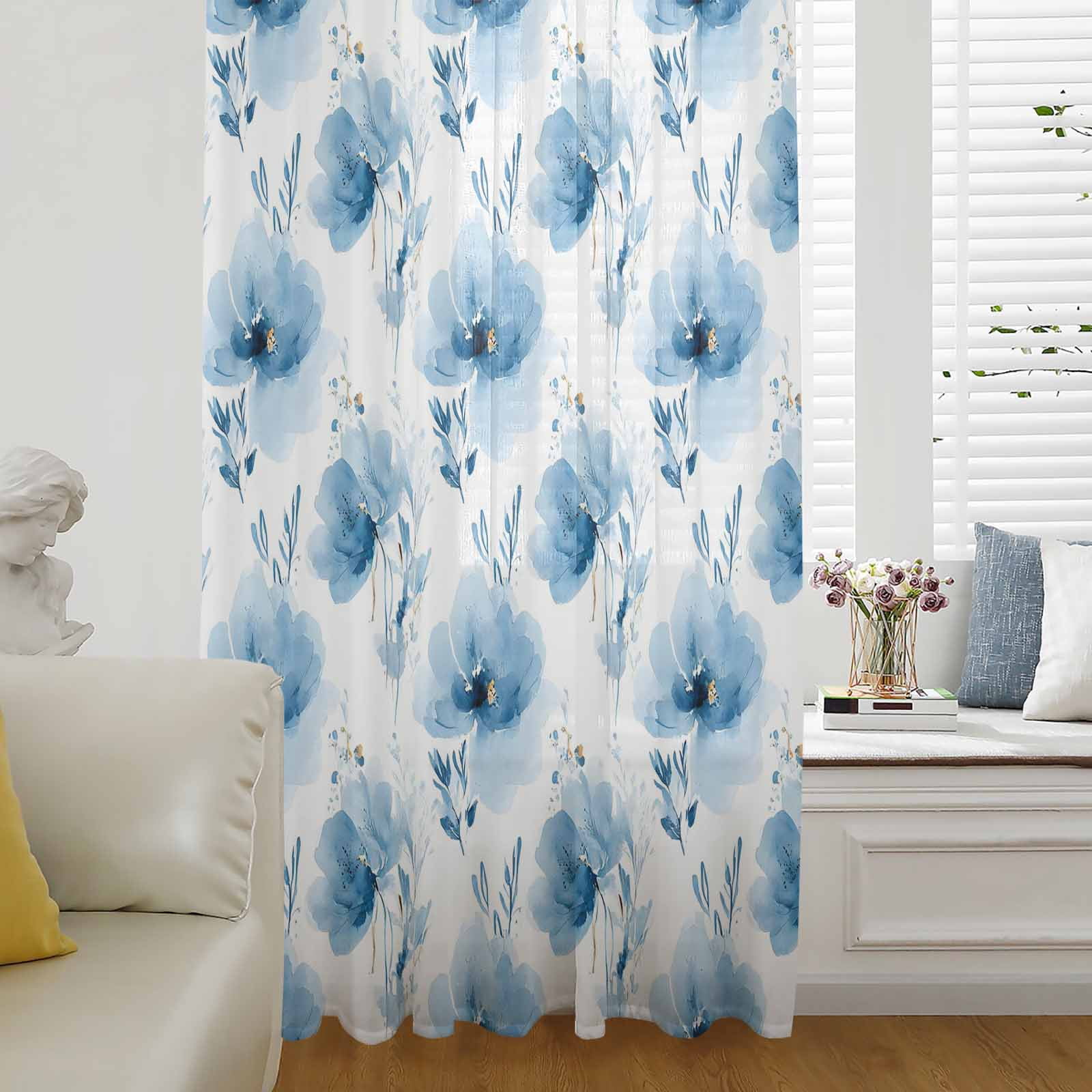 Blue Flowers Semi Sheer Curtains Drapes for Living Room, Bedroom ...