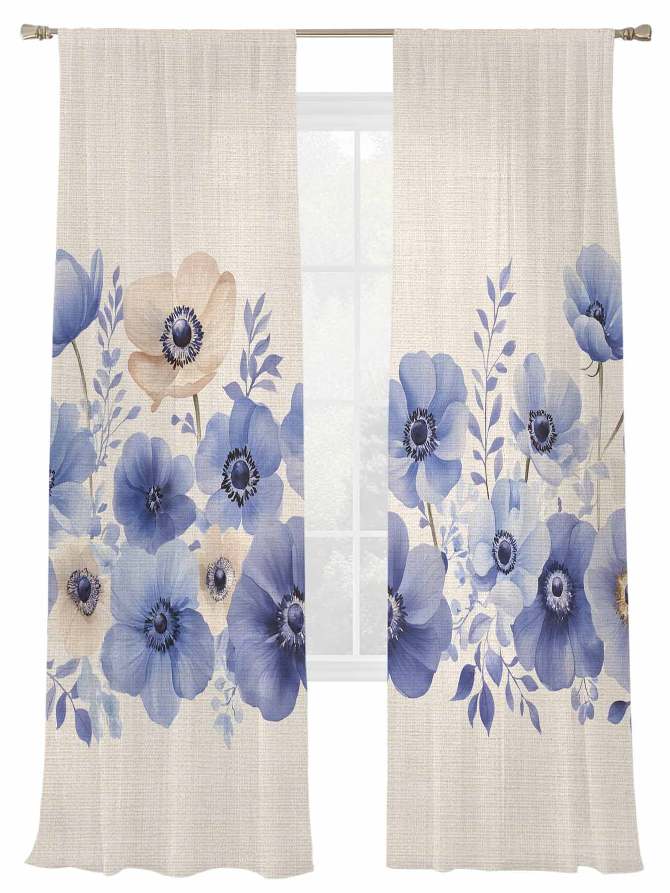 Blue Flowers Sheer Curtains 108 Inch Long 2 Panels, Spring Watercolor ...