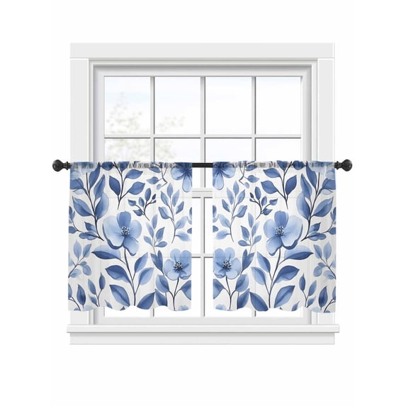 Blue Flowers Sheer Curtains 2 Panels Set Farmhouse Leaf Watercolor ...