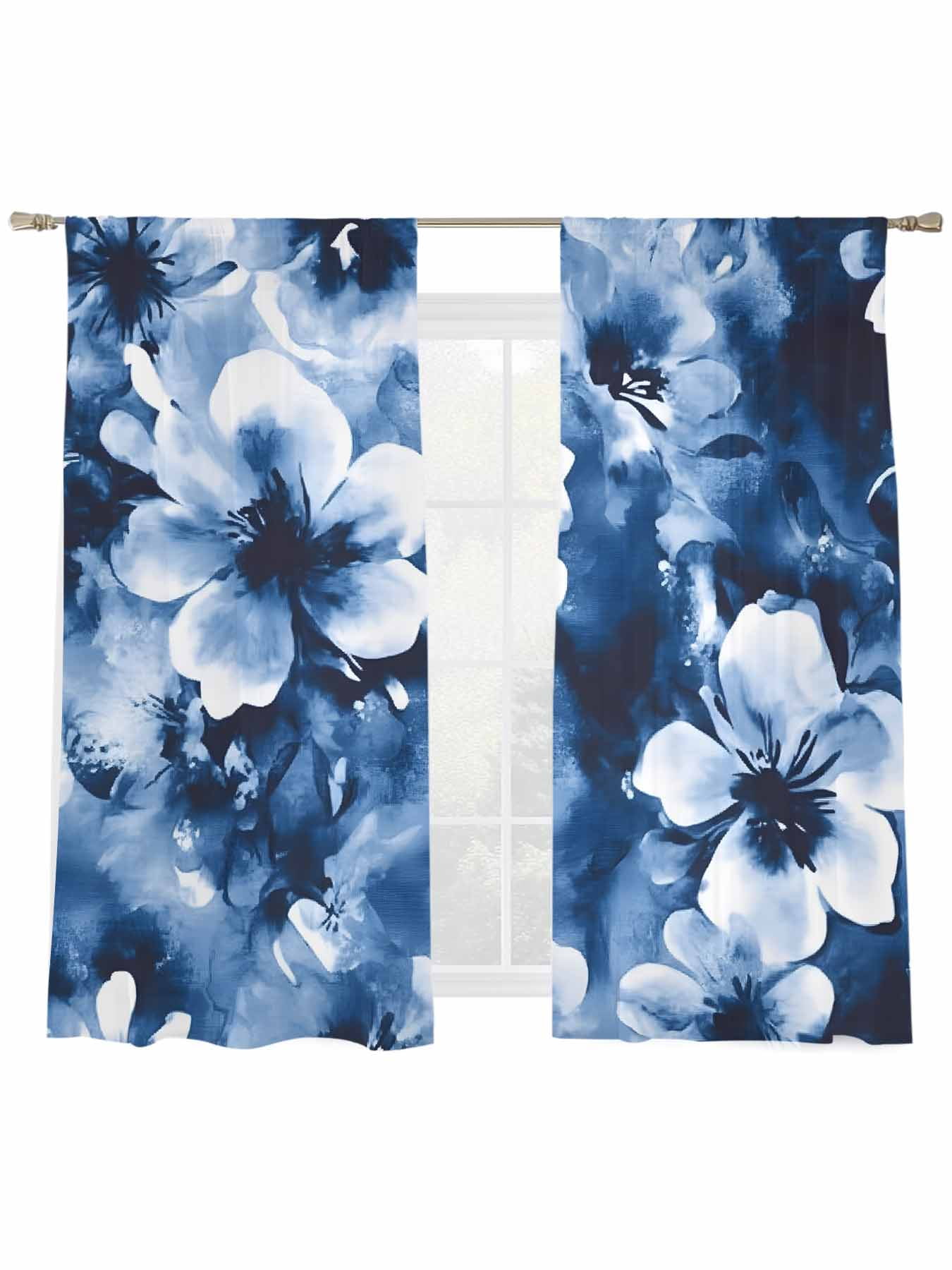 Blue Flowers Sheer Curtains 2 Panels Set Petals Silhouette Watercolor ...